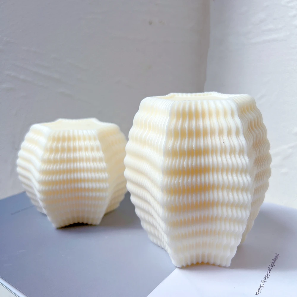 Two Sizes Geometric Hexagon Ribbed Candle Mold Abstract Art Wax Mould Aesthetic Pillar Dinner ...