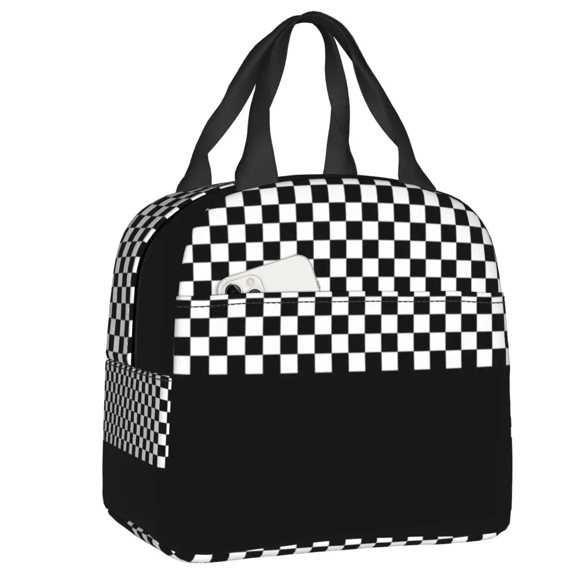 Black-White-Checkered-Insulated-Lunch-Bag-for-Women-Portable ...