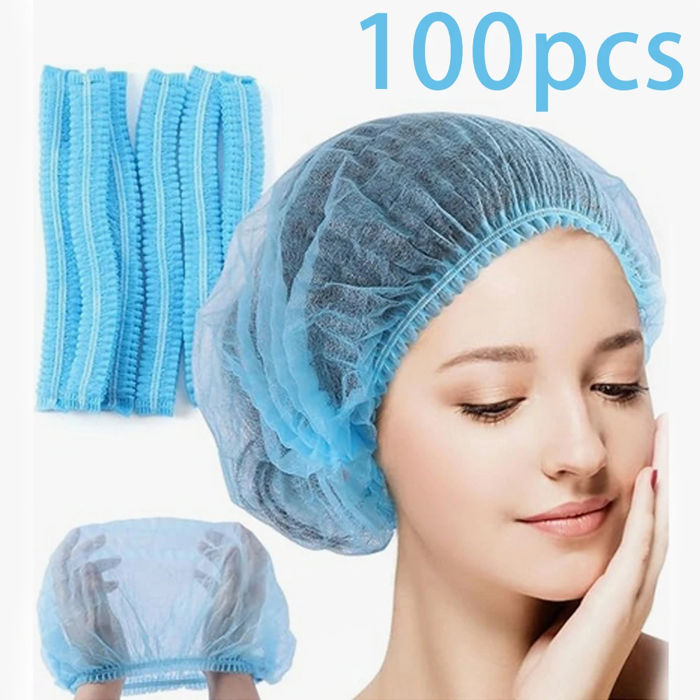 100 Pcs Disposable Nonwoven Bouffant Caps Hair Net Elastic Cap Hair ...