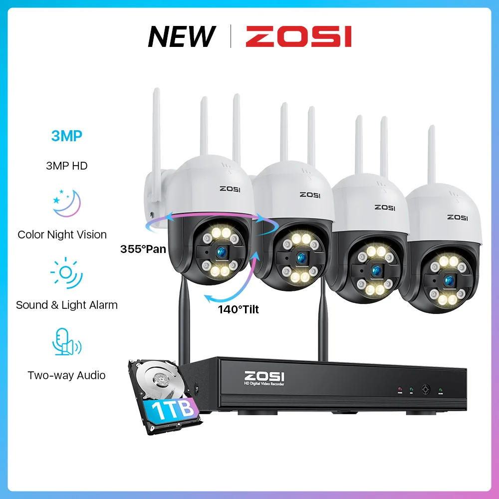 ZOSI 2K PTZ Wireless Security Camera System 3MP Pan/Tilt IP Cameras Outdoor Indoor 8CH 3MP WiFi ...