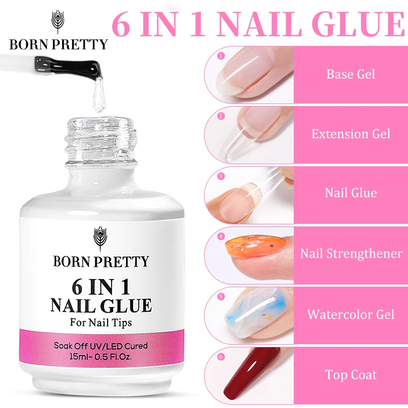 BORN PRETTY 15ML 6 IN 1 Nail Glue Gel for Acrylic Nails Soak off Base Gel Top Coat UV Extension ...