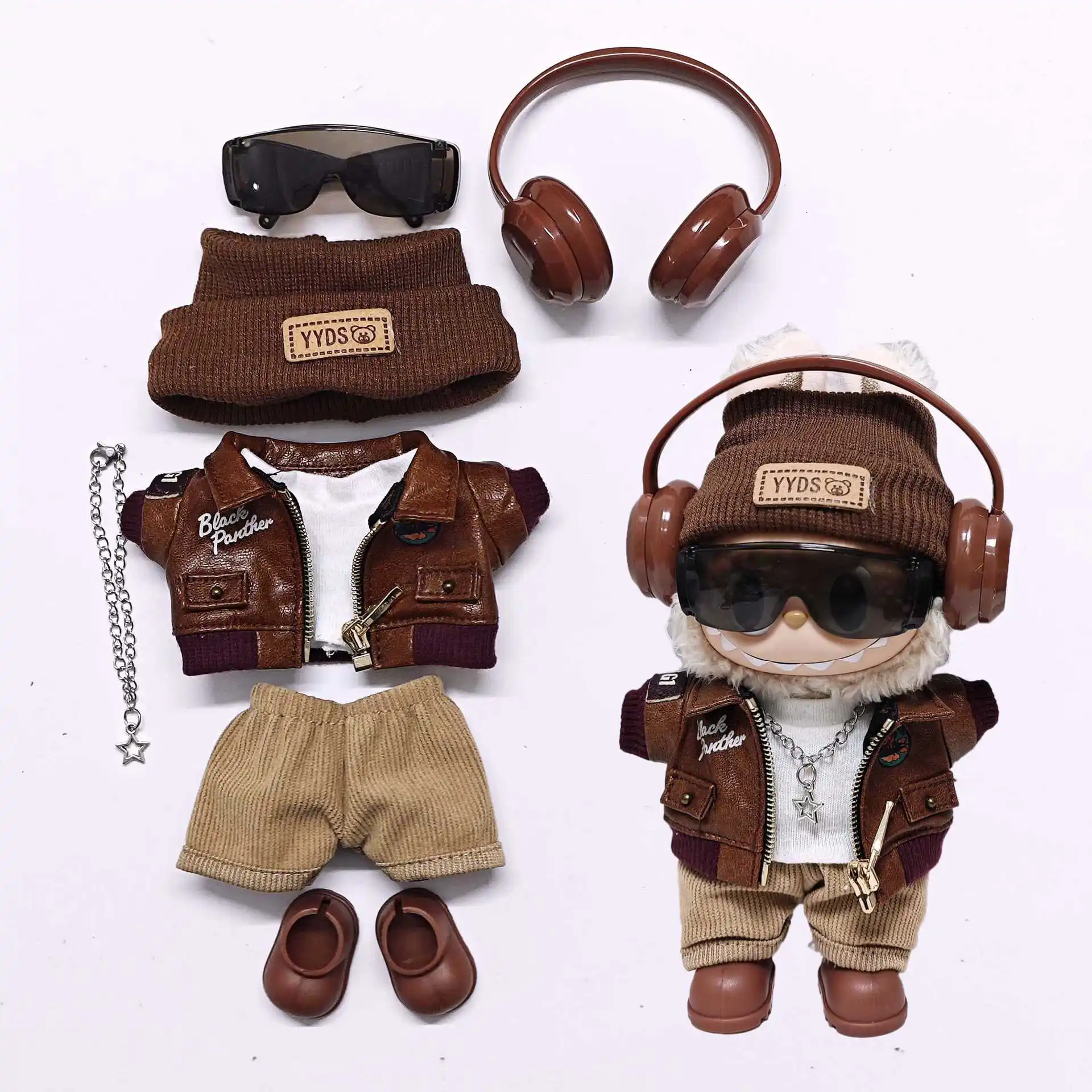 Cool Retro Clothes for 17cm Labubu Outfit Faux Leather Jacket Hat White ...