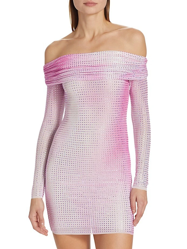 Autumn Women Long Sleeve Gradient Diamond Mini Dress New Sexy Mesh Off ...