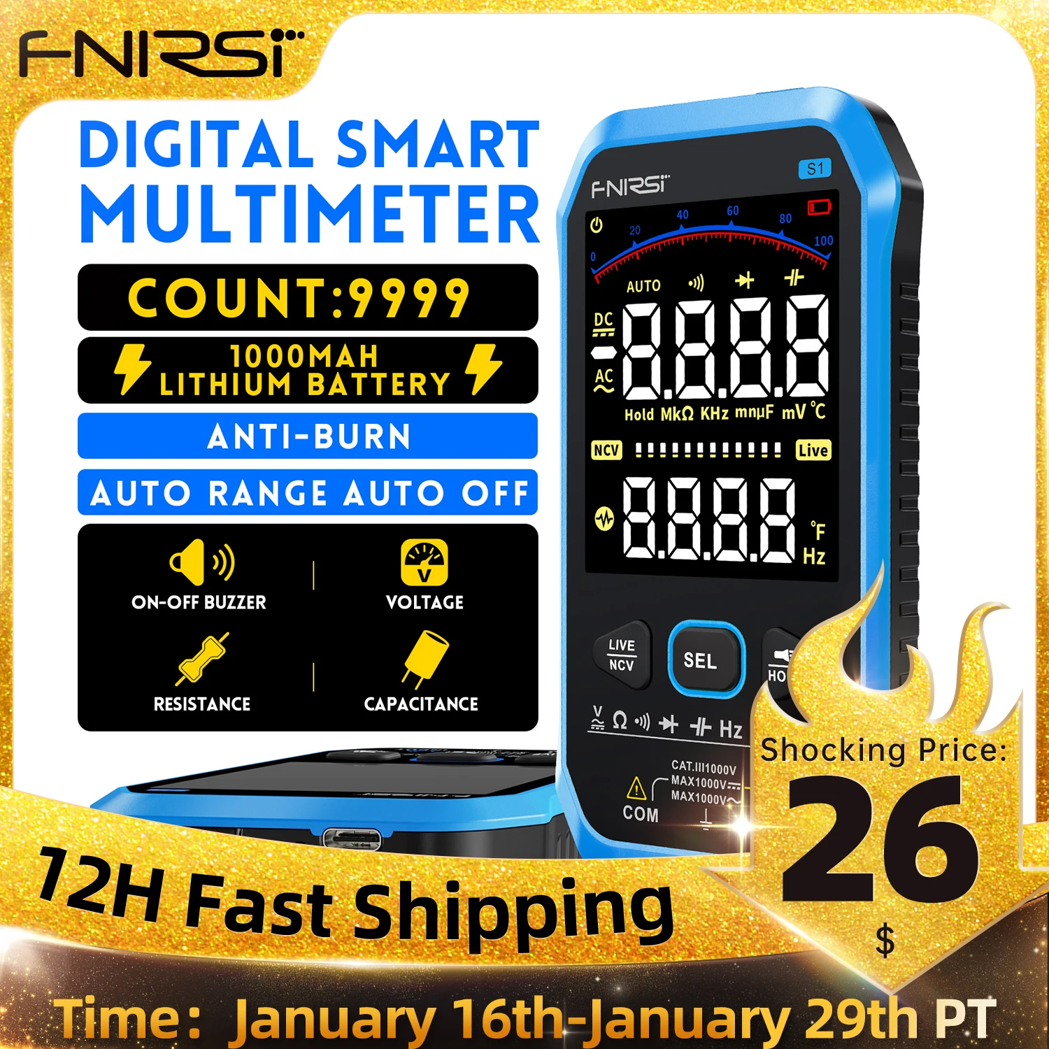 Fnirsi S1 Smart Digital Multimeter 9999counts Ac Dc Voltage Resistance ...