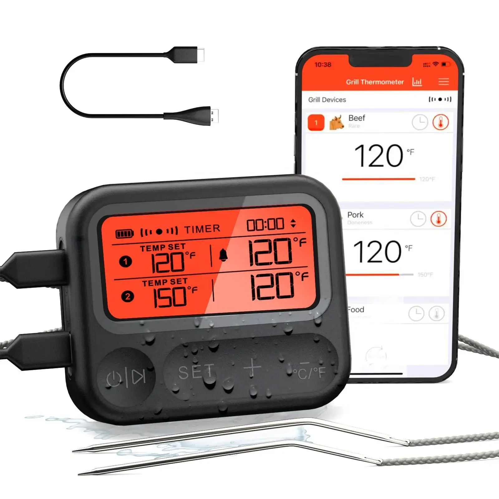 Smart Bluetooth Meat Thermometer 2 Probes Digital Food Thermometer w ...