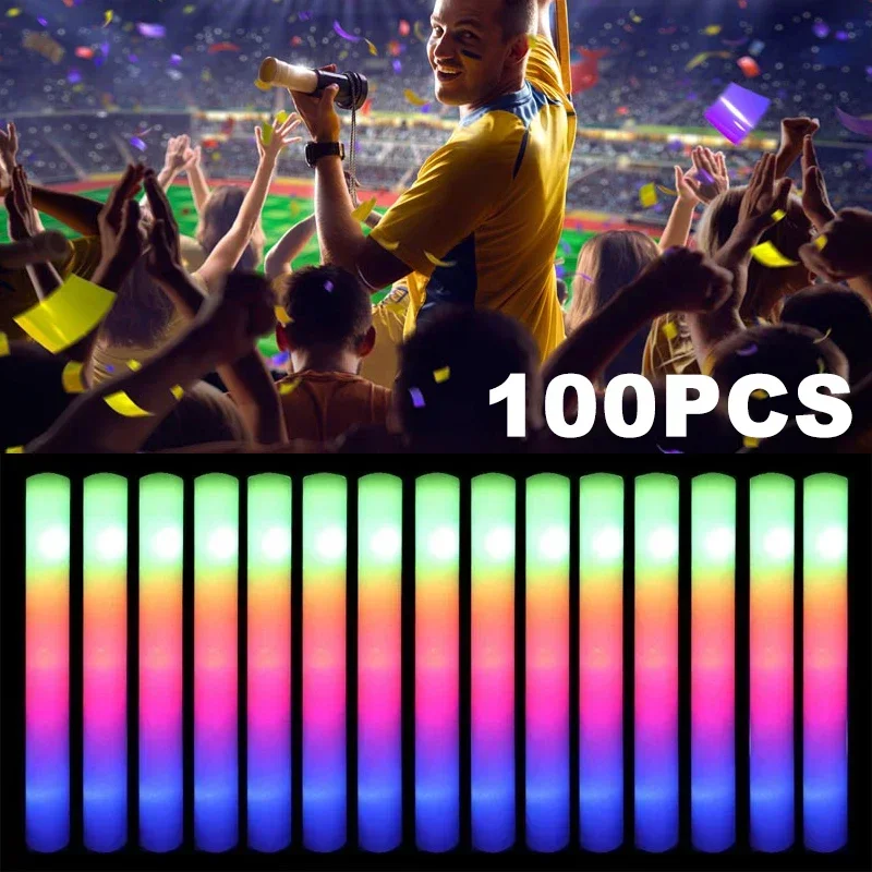 100PCS-LED-Glow-Sticks-Bulk-Colorful-RGB-Glow-Foam-Stick-Cheer-Tube ...