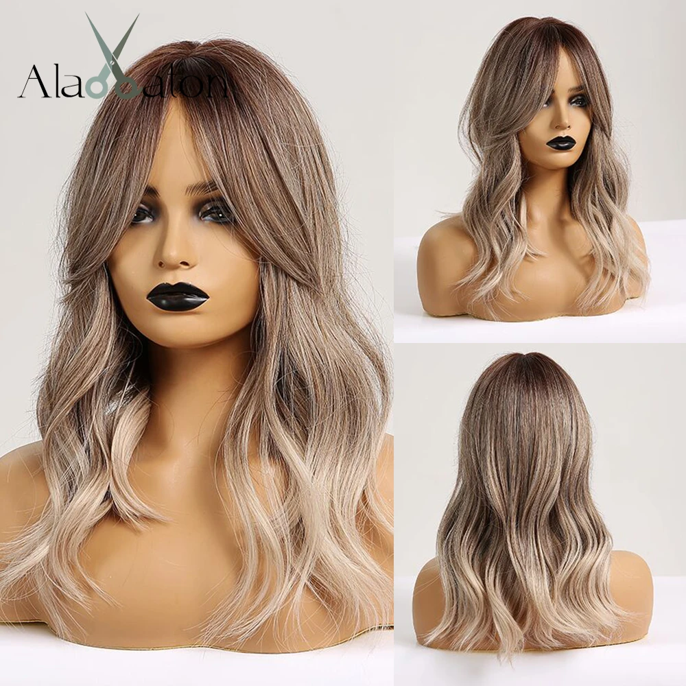 ALAN EATON Synthetic Hair Wig Ombre Brown Light Ash Blonde Medium Wave ...