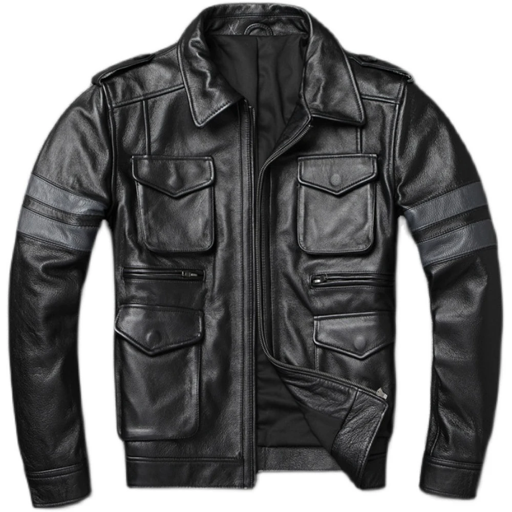 Plus Size 5XL Winter Cowhide Leather Jacket Coat with Muti Pockets ...