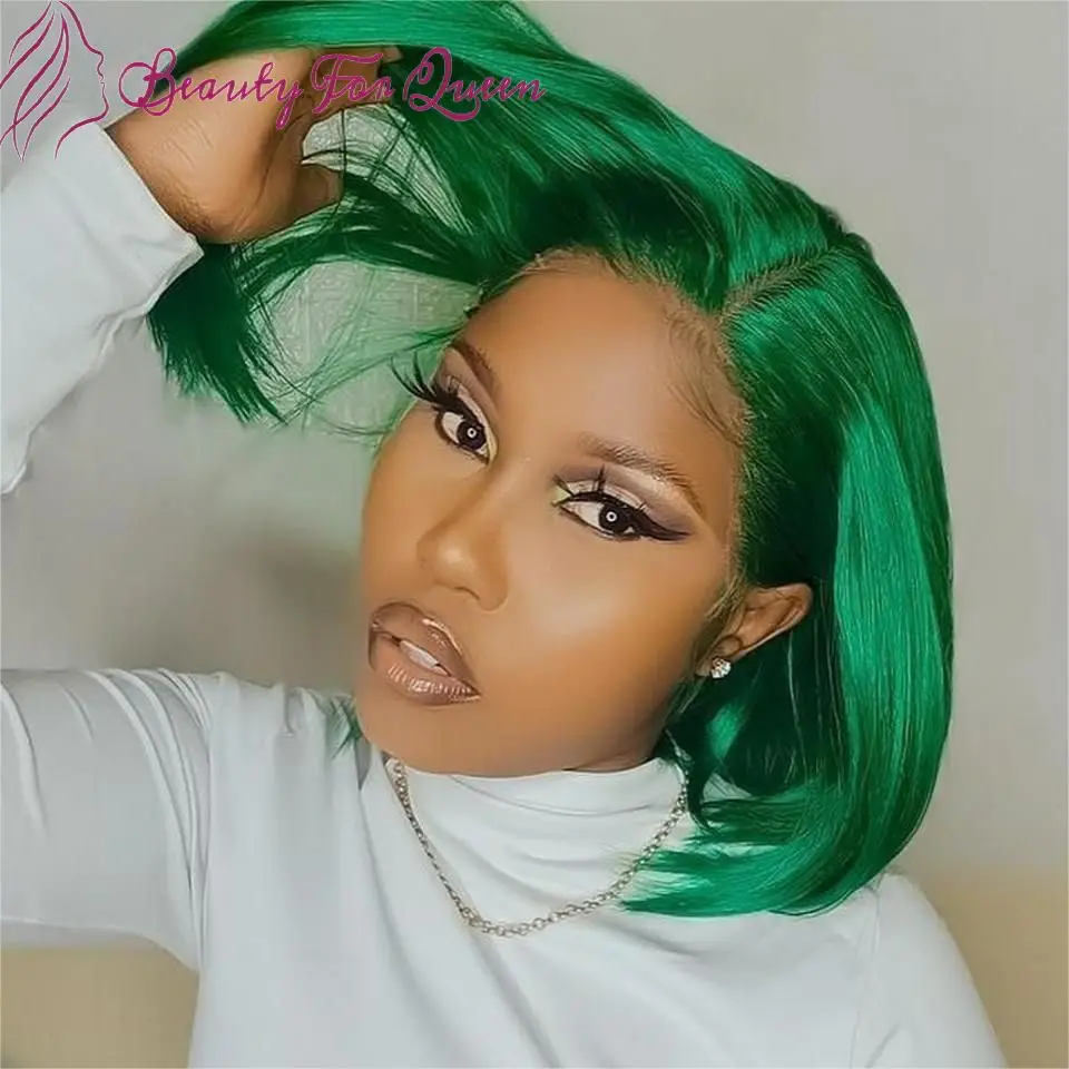 Bright Dark Green Straight Short Bob Brazilian Colored Human Hair Wig ...