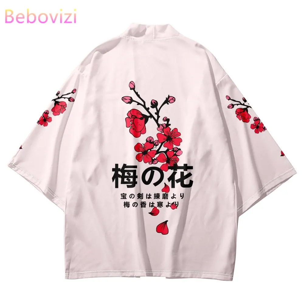 Japanese Style Flower Plum Blossom Print Kimono Casual Beach Cardigan Tops Women Men Streetwear ...
