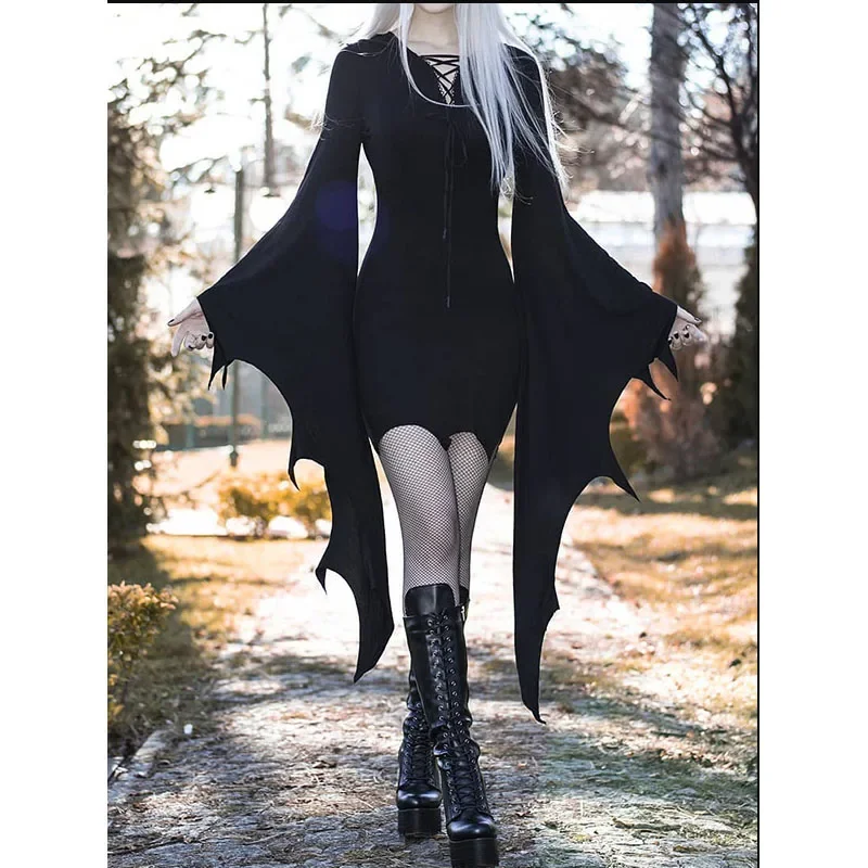 Women-Gothic-Medieval-Cosplay-Halloween-Forest-Elf-Pixie-Costume-Black-Bodycon-Mini-Bandage-Bat ...