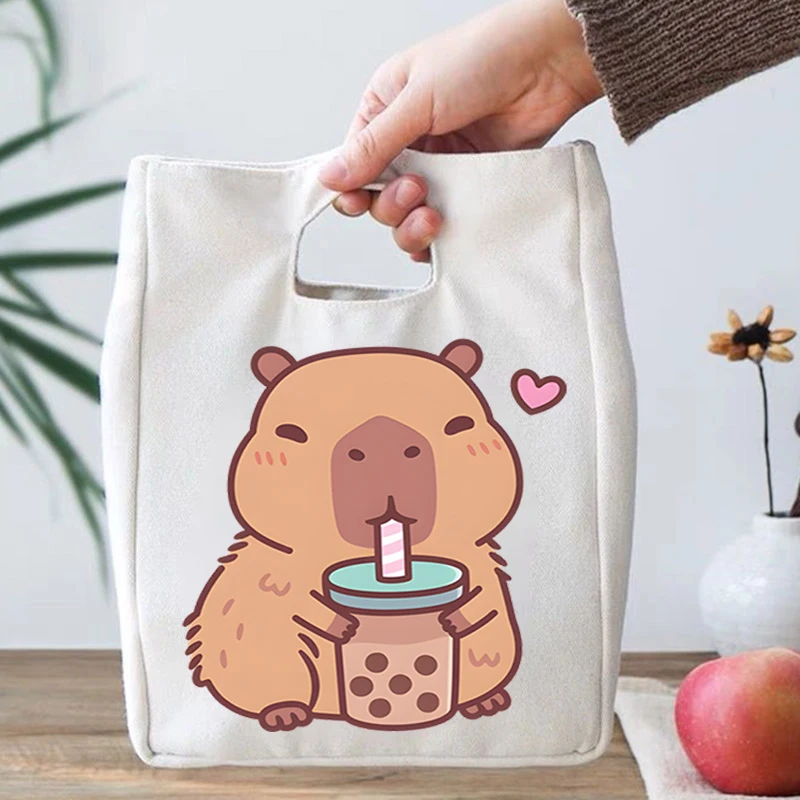 Canvas-Lunch-Bags-Students-Cute-Capybara-Drinking-Boba-Tea-Print ...