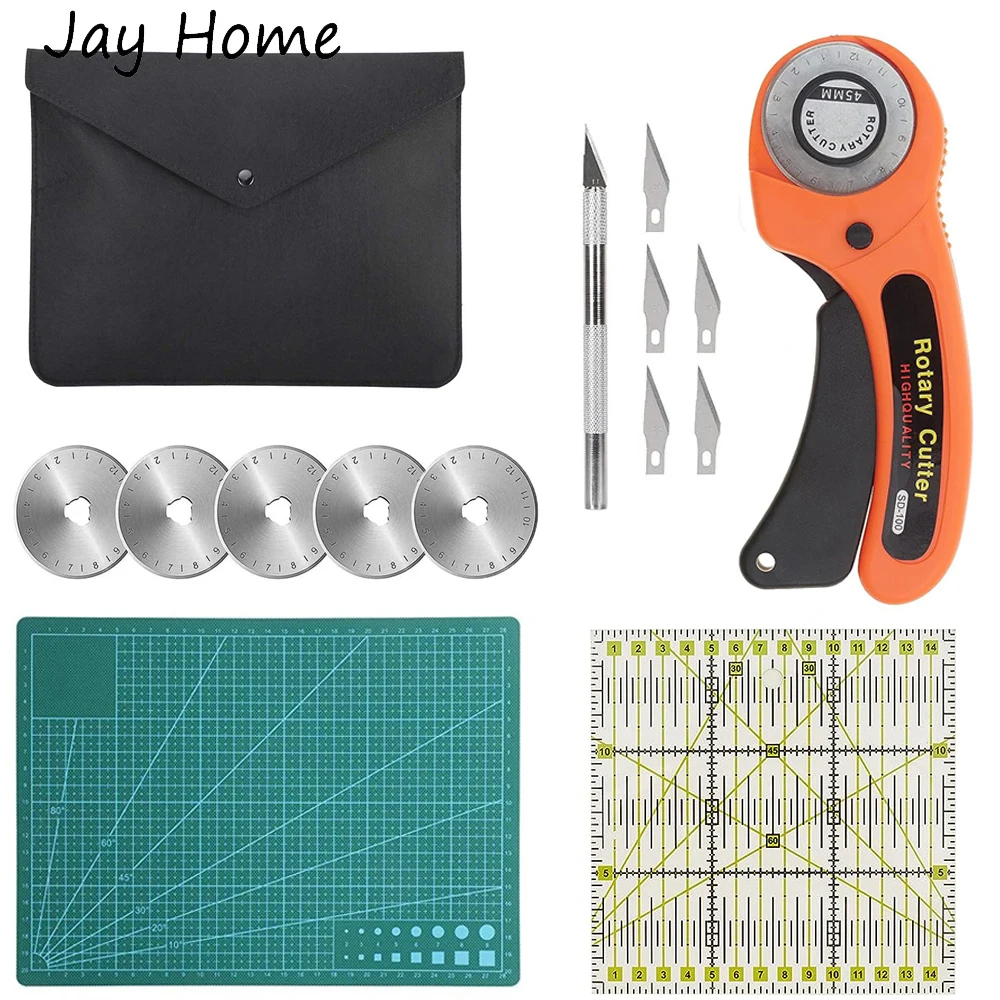 10PCS-Rotary-Cutter-Kit-45mm-Rotary-Cutter-with-5-Extra-Blades-Ruler ...