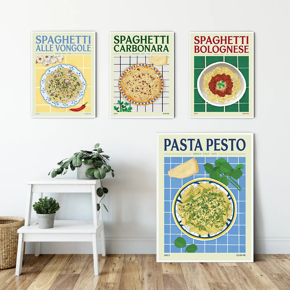 Canvas Print Painting Poster Vintage Retro Pasta Pesto Pattern Wall ...