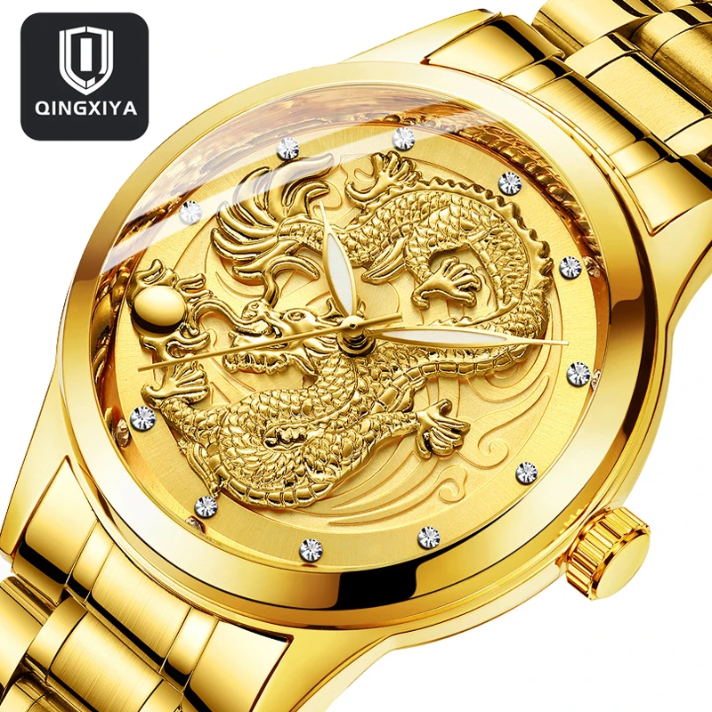 QINGXIYA New Mens Watches Top Brand Luxury Chinese Dragon Gold Quartz ...