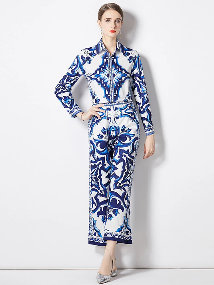 Autumn-Runway-Blue-And-White-Porcelain-Pants-Suit-Women-s-Long-Sleeve ...