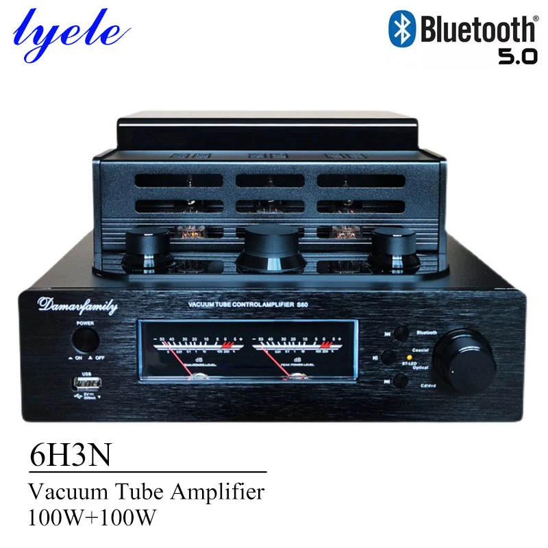 Lyele 오디오 6H3N 진공관 증폭기, 고출력 Hifi 증폭기, 블루투스 5.0 광섬유 동축 Mp3 Vu 미터, USB ...