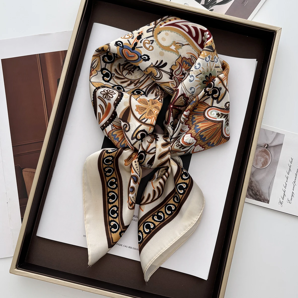 Spring Summer Lotus Print Satin Scarf Square Neckerchief for Women Head ...