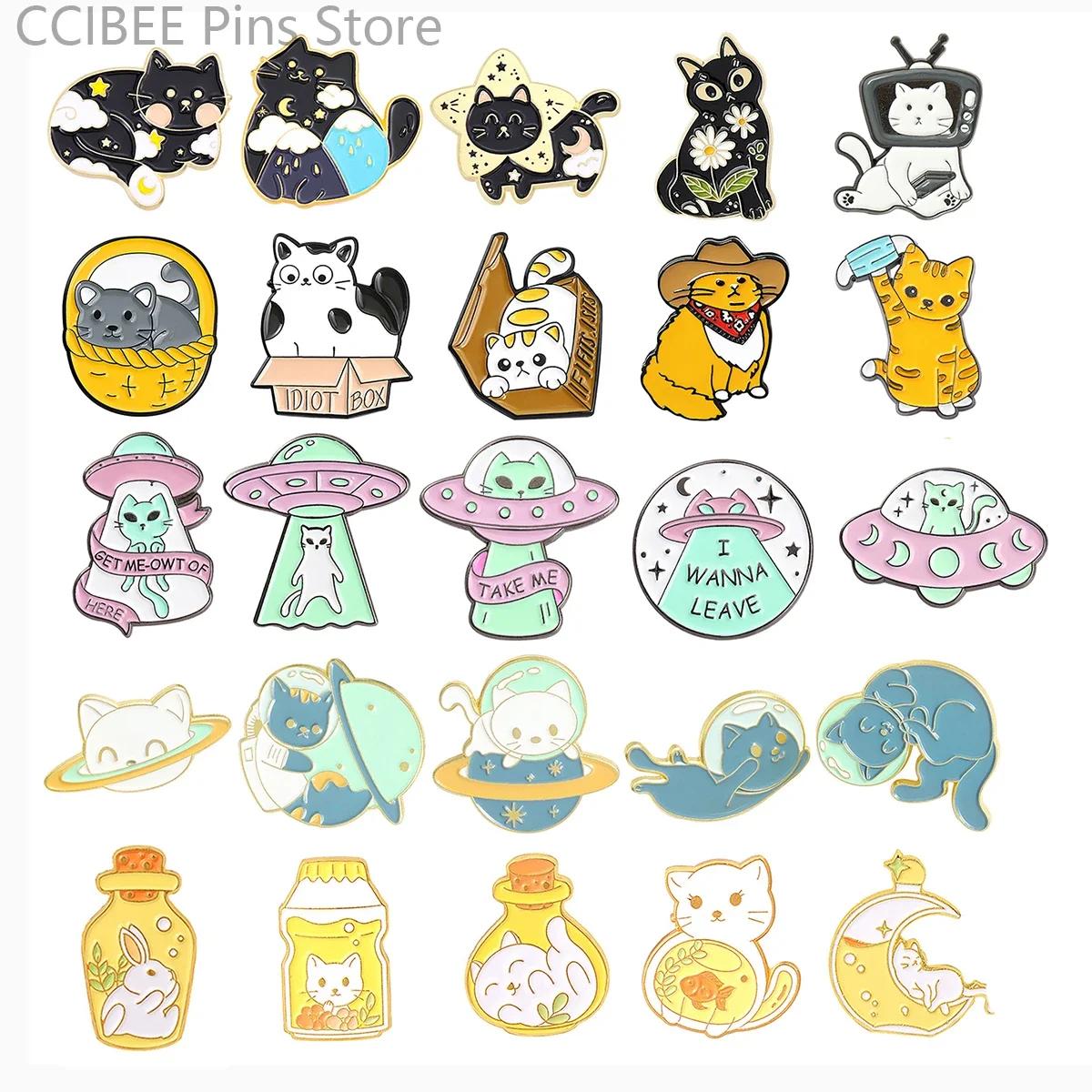 Cartoon-Cute-Cat-Pin-Planet-Cat-Box-Cat-Bottle-UFO-Cat-Pin-Accessories ...