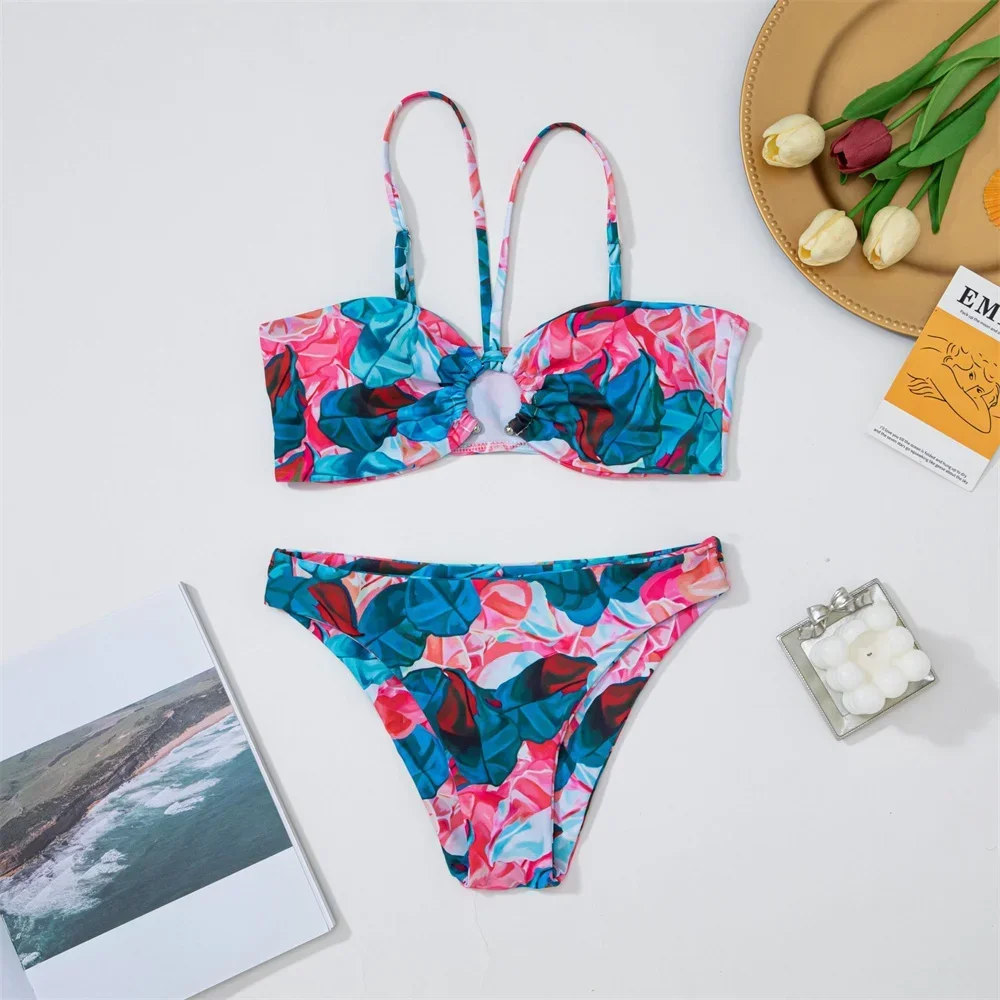 Sexy Sling Bikini Floral Y2K Swimsuit Rings Push Up Vacation Swimwears ...