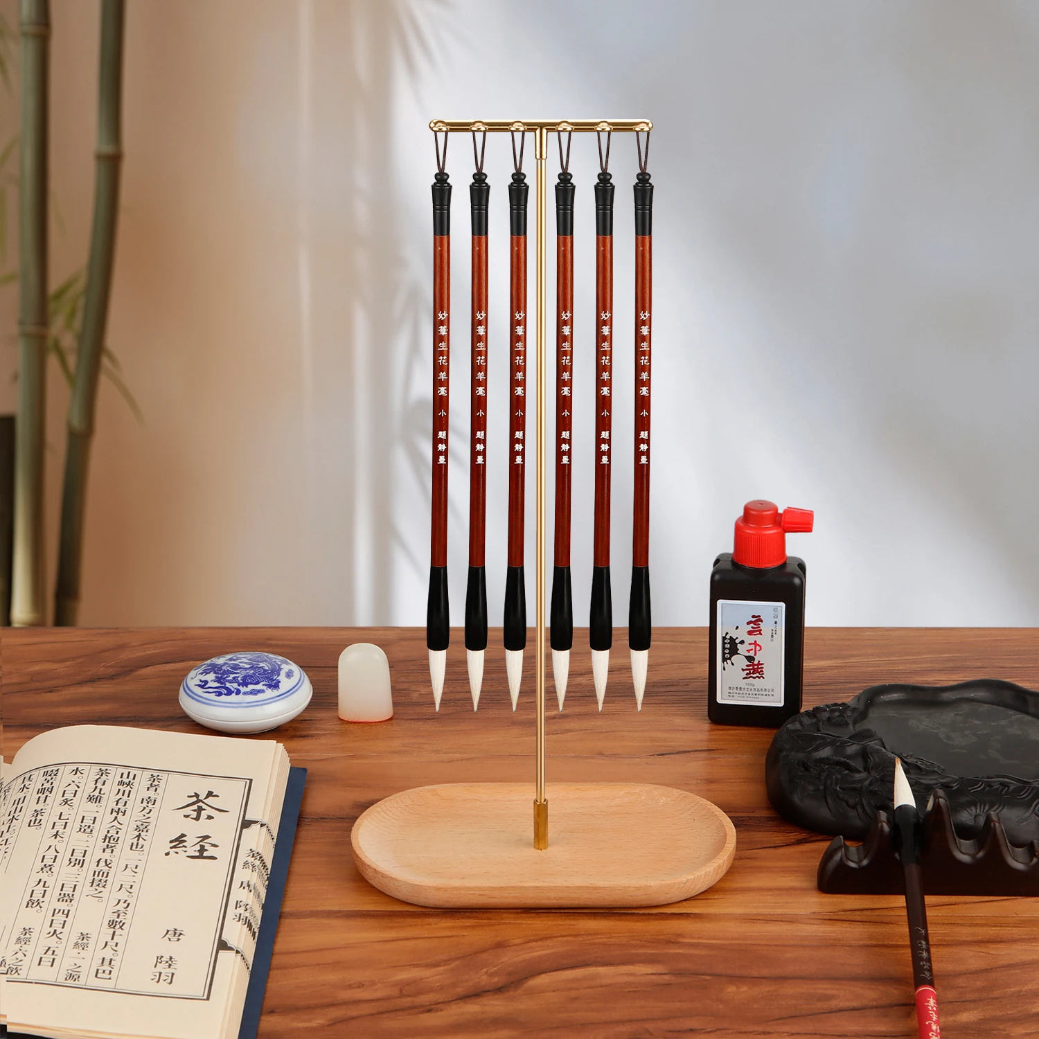 Chinese Zodiac Brush Pen Holder with Beechwood Base Calligraphy Rest Ink Hanger 12 Hooks Writing ...