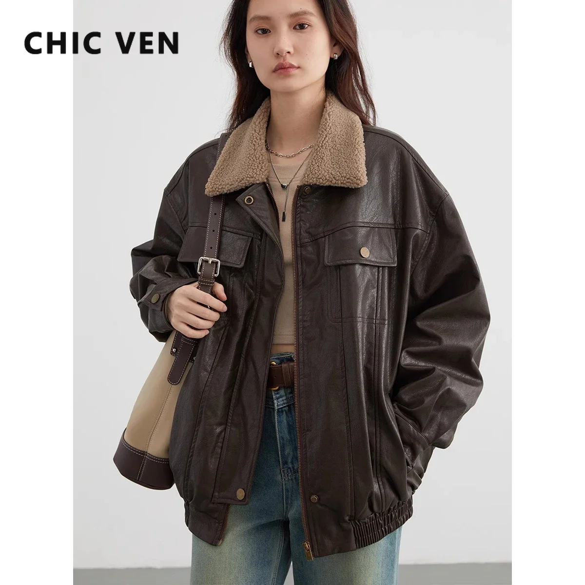 CHIC-VEN-Fashion-Women-s-PU-Coat-New-Vintage-Turn-Down-Collar-Fleece ...