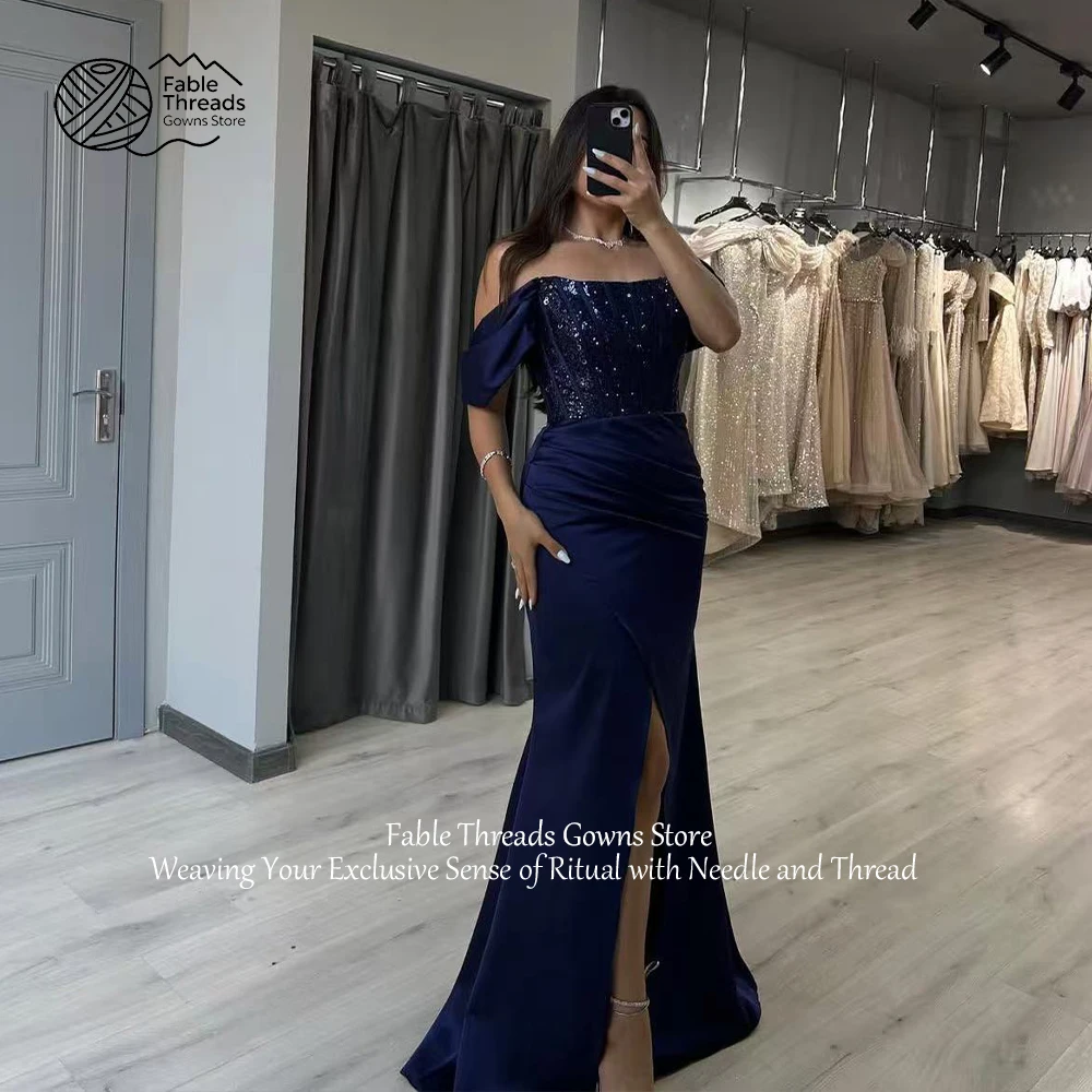 FableT Navy Blue Off Shoulder Mermaid Evening Dress Satin Maxi Prom ...