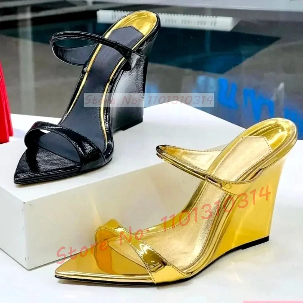 Gold Pointy Toe Wedge Slippers Women Stylish Patent Toe Strap High ...