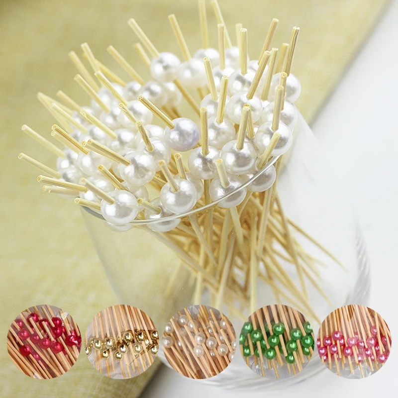 12cm-100Pcs-Wedding-Pearl-Disposable-Bamboo-Skewers-Wooden-Cocktail ...
