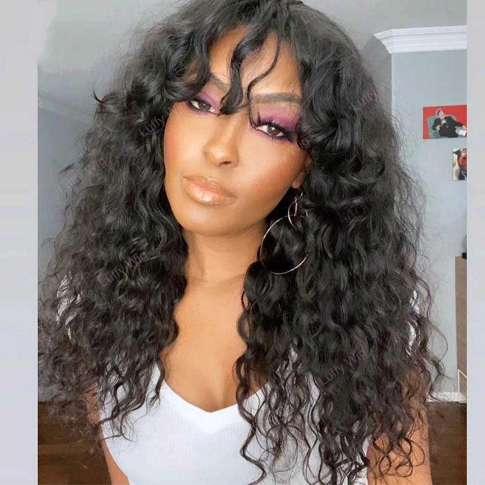 Loose Water Wave Wig With Bangs Curly Human Hair Wigs For Women ...