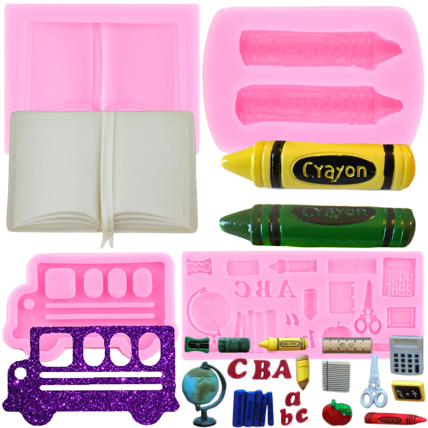 School Bus Book Silicone Molds Pen Crayon Fondant Mold Cake Decorating ...