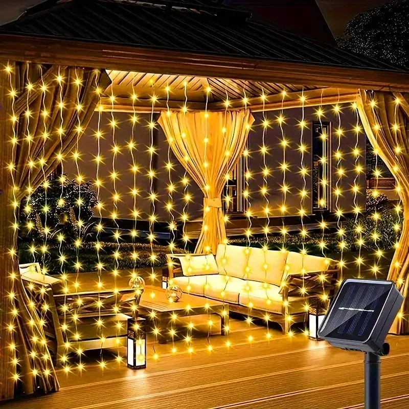 100-LED-Outdoor-Solar-Curtain-Lights-Waterproof-Copper-Wire-Silver ...