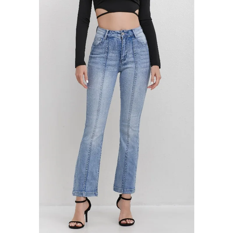 Women's High Waisted Light Blue Jeans with Panel Detail Flared Leg ...