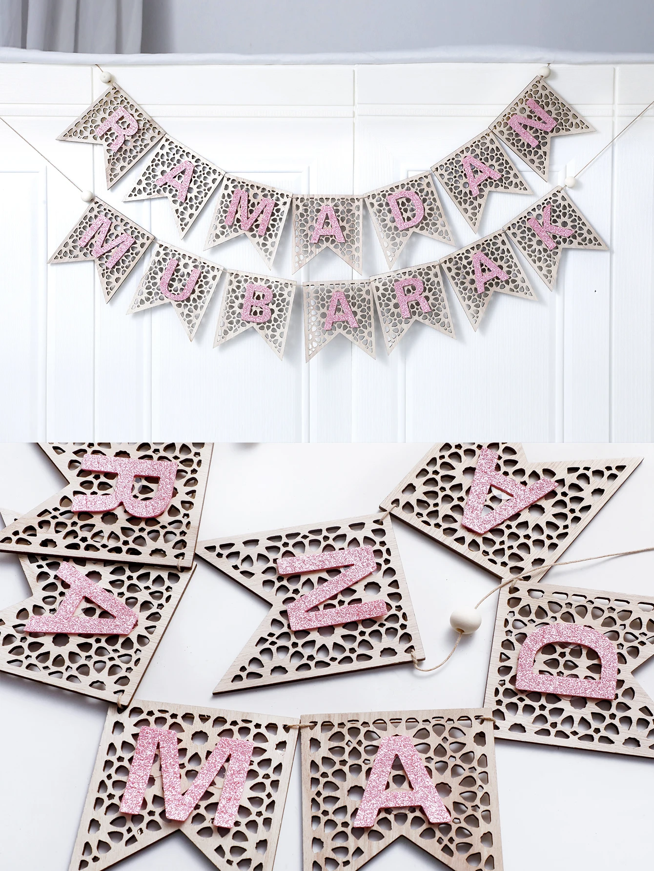 1Pc Pink Wooden Ramadan Muslim Decor Banner Pull Flag Ramadan Kareem ...
