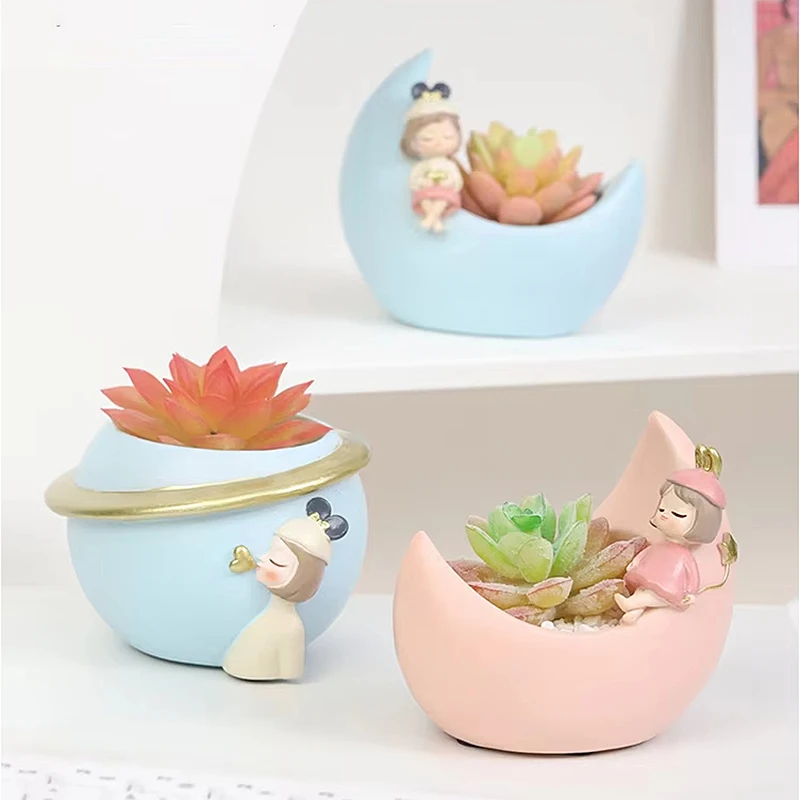 Adorable Moon & Girl Theme Resin Planter, Mini Flower Pots for ...