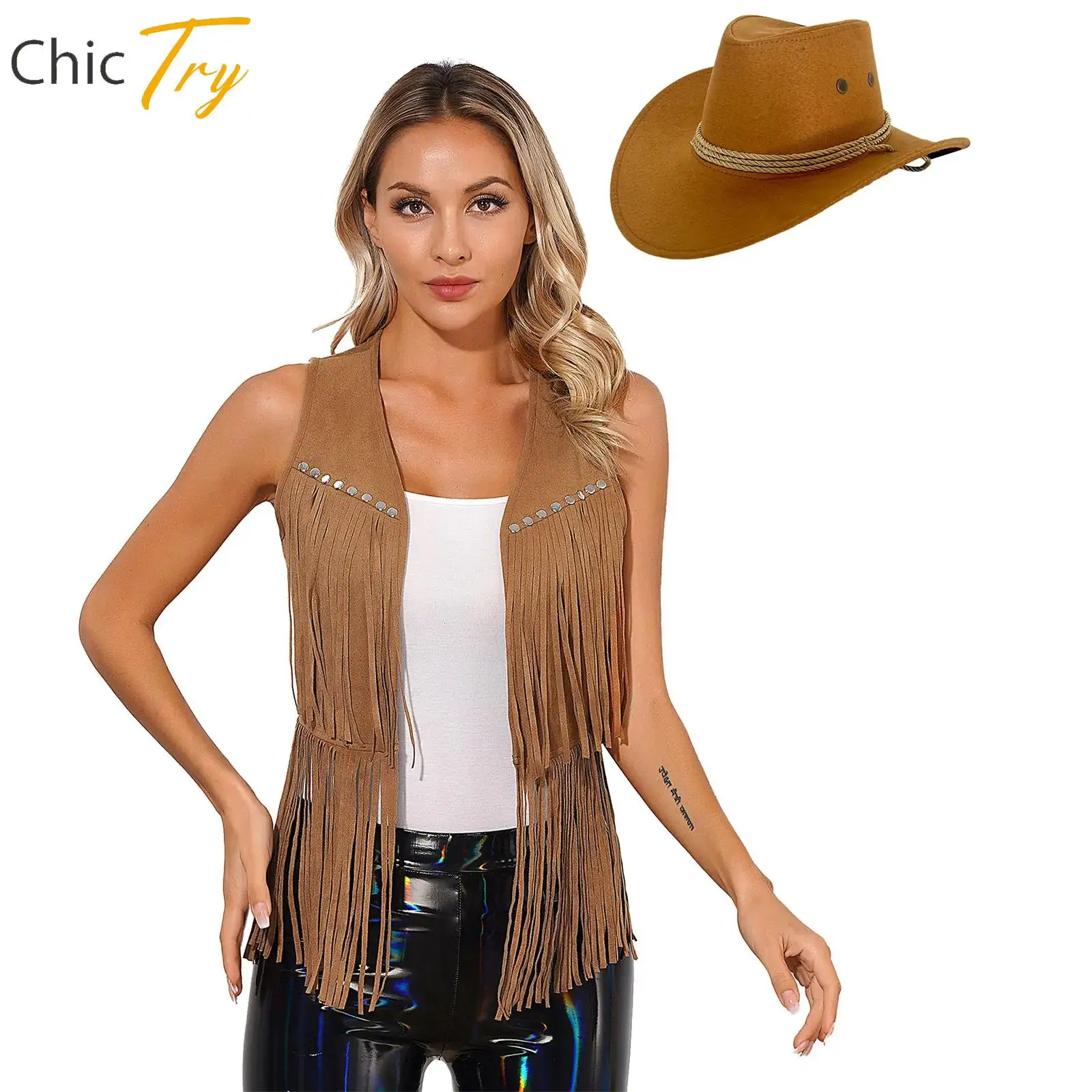 2 Pcs Women Cowboy Cowgirl Cosplay Costume Outfit Tassel Vest Set Adult ...