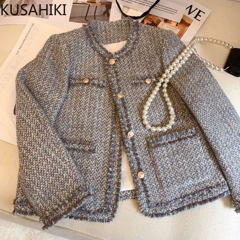 KUSAHIKI-Grey-Blue-Down-Inner-Wool-Tweed-Woven-Jacket-for-Women-s ...