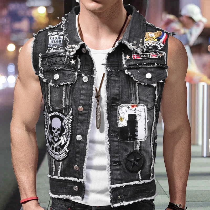 Mens Motorcycle Biker Denim Vest Multi Rivet Badge Patch Design Punk ...