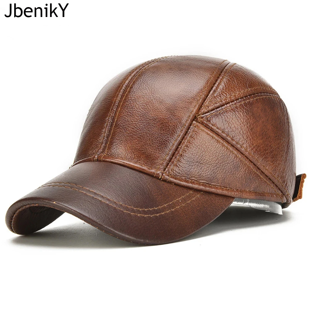 Brand Men Casual Real Leather Earflap Cap Men Real Cowhide Leather Caps ...