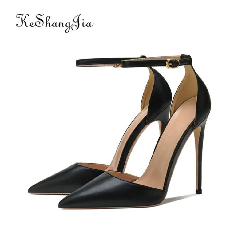 Keshangjia Matte Sheepskin Leather Women Ankle Strap Stiletto Pumps ...