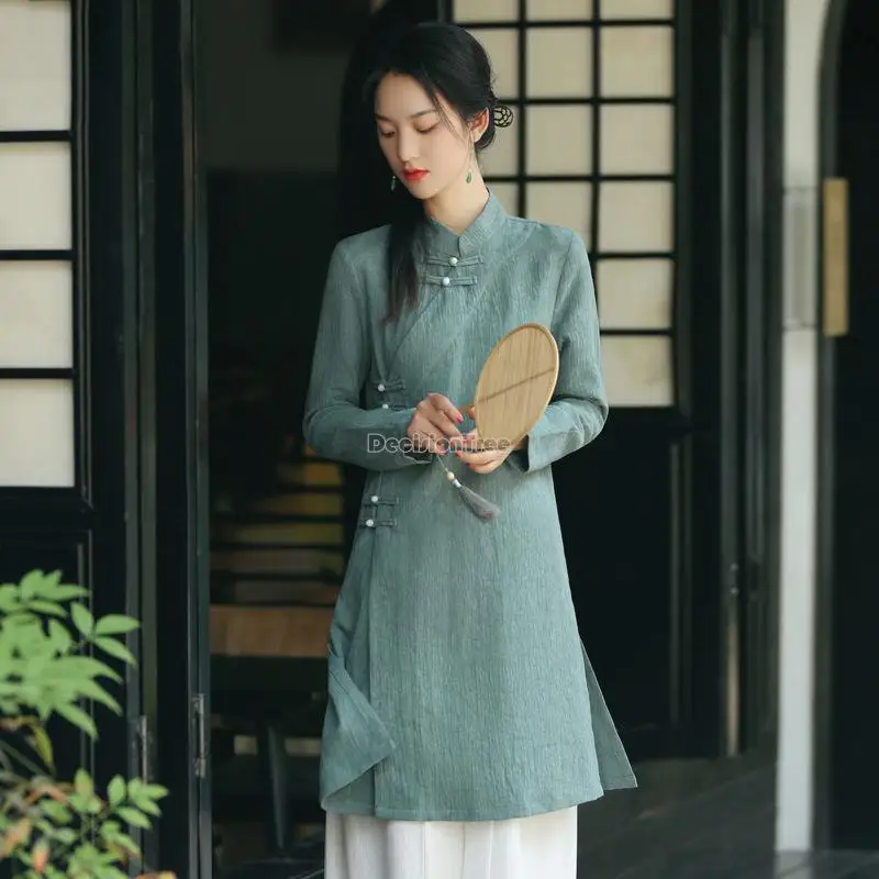 2022 new retro chinese improved cotton cheongsam long blouse tang suit ...