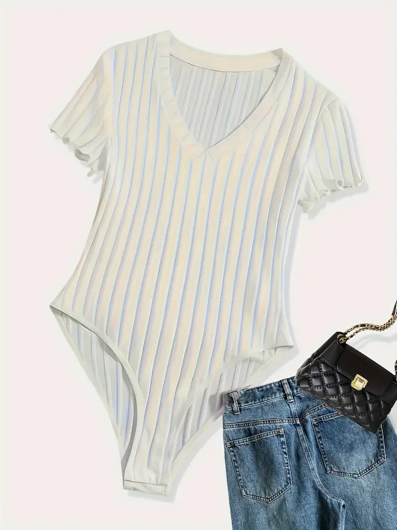 Ribbed-V-Neck-Lettuce-Trim-Bodysuit-Sexy-Short-Sleeve-Slim-Bodysuit-For ...