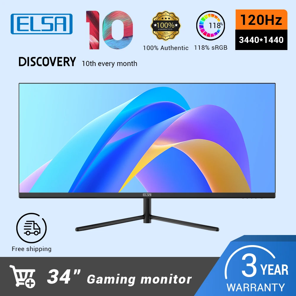 ELSA 와이드 디스플레이 21:9 모니터, 120Hz WQHD 데스크탑 LED 게임 콘솔 컴퓨터 화면, 구부러지지 않는 DP ...