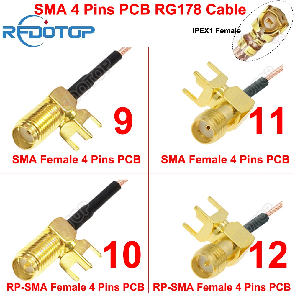 10PCS-SMA-Female-90-Degree-4Pin-PCB-to-U-fl-IPEX1-Female-RG178-WiFi ...