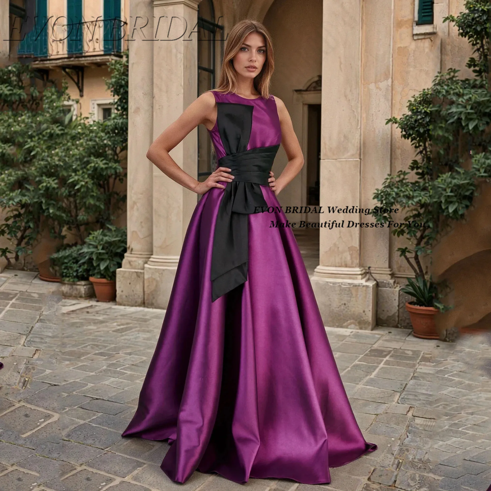 Elegant O-Neck Bow A-line Evening Dresses Formal Color Clash Party ...