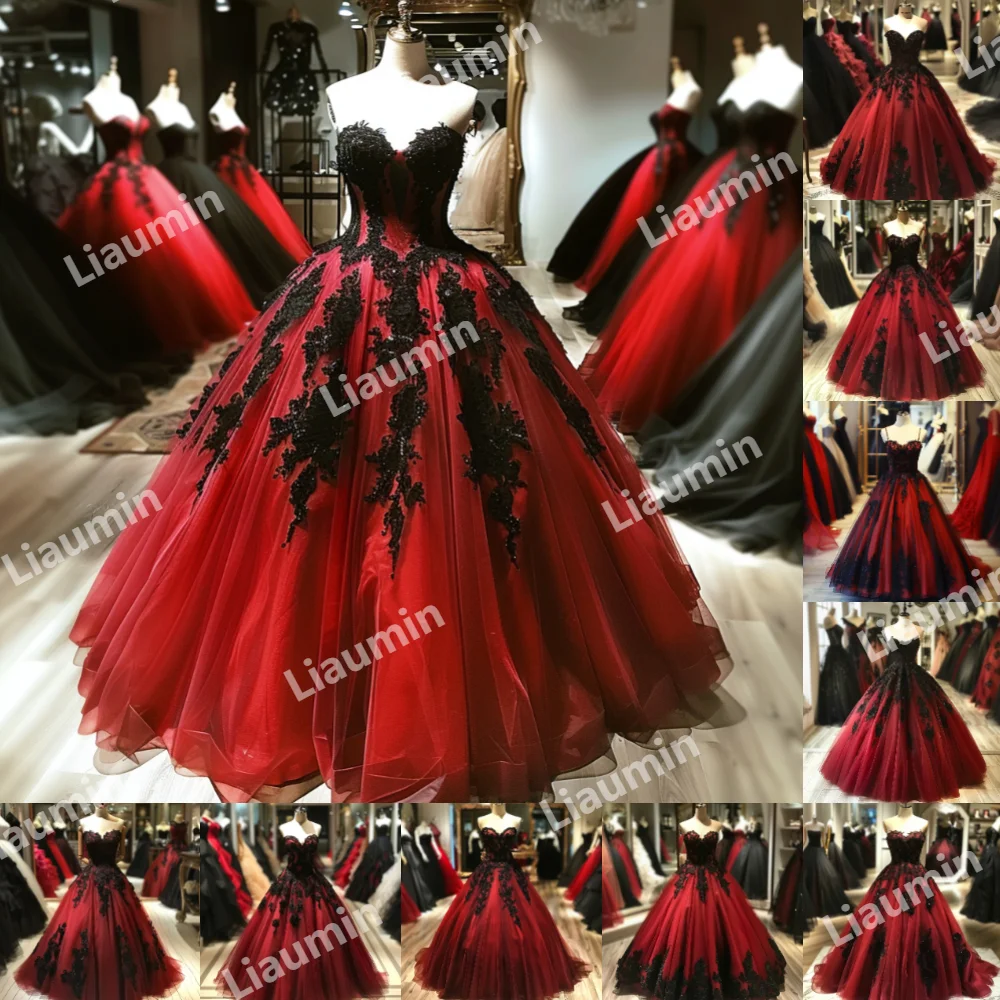 New-Red-Tulle-With-Black-Lace-Applique-Strapless-Ball-Gown-Prom-Formal-Occasion-Dresses-Evening ...