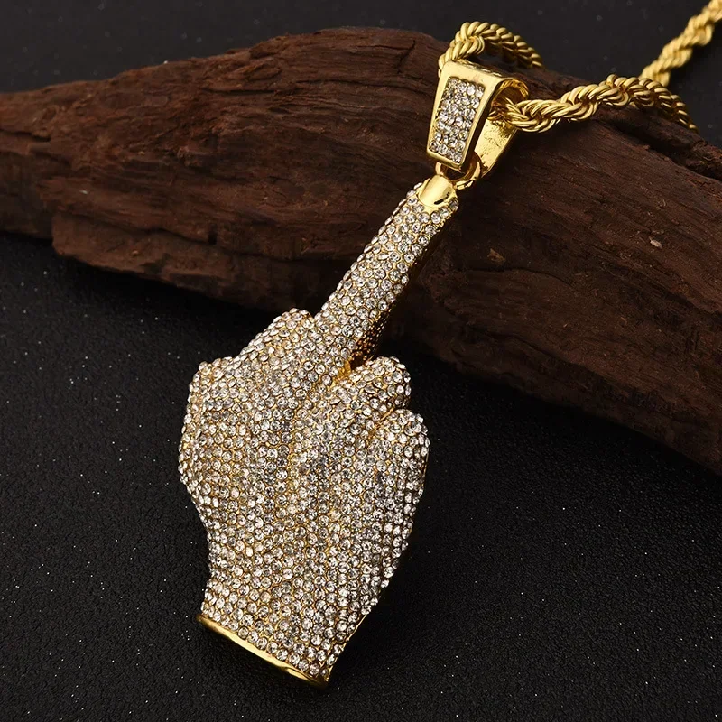 Ice Out Zircon Polite Gesture Middle Finger Necklace Men Women Punk Hip ...