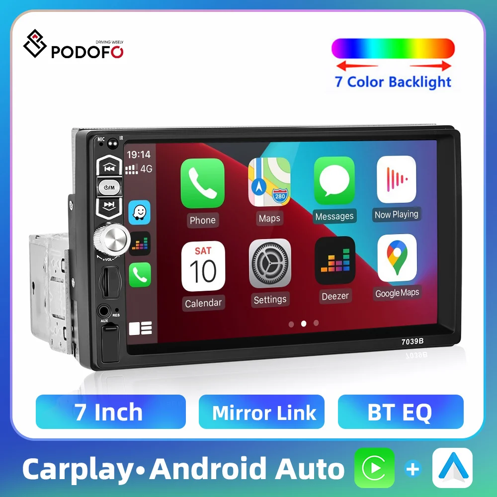 Podofo CarPlay MP5 Car Radio 1 Din 7'' Android Auto Mirror-Link Multimedia Player Audio Stereo ...