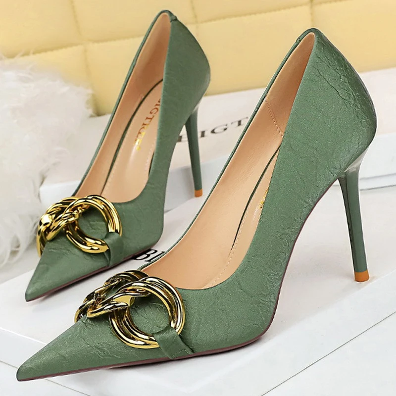 Women 7.5cm 9.5cm High Heels Escarpins Pumps Lady Metal Chain Low Heels ...