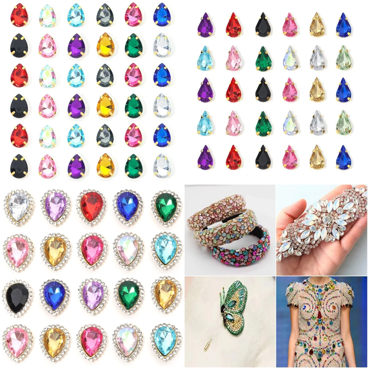Water Drop Claw Rhinestones Stainless Steel Gold Bottom Acrylic Pointed ...